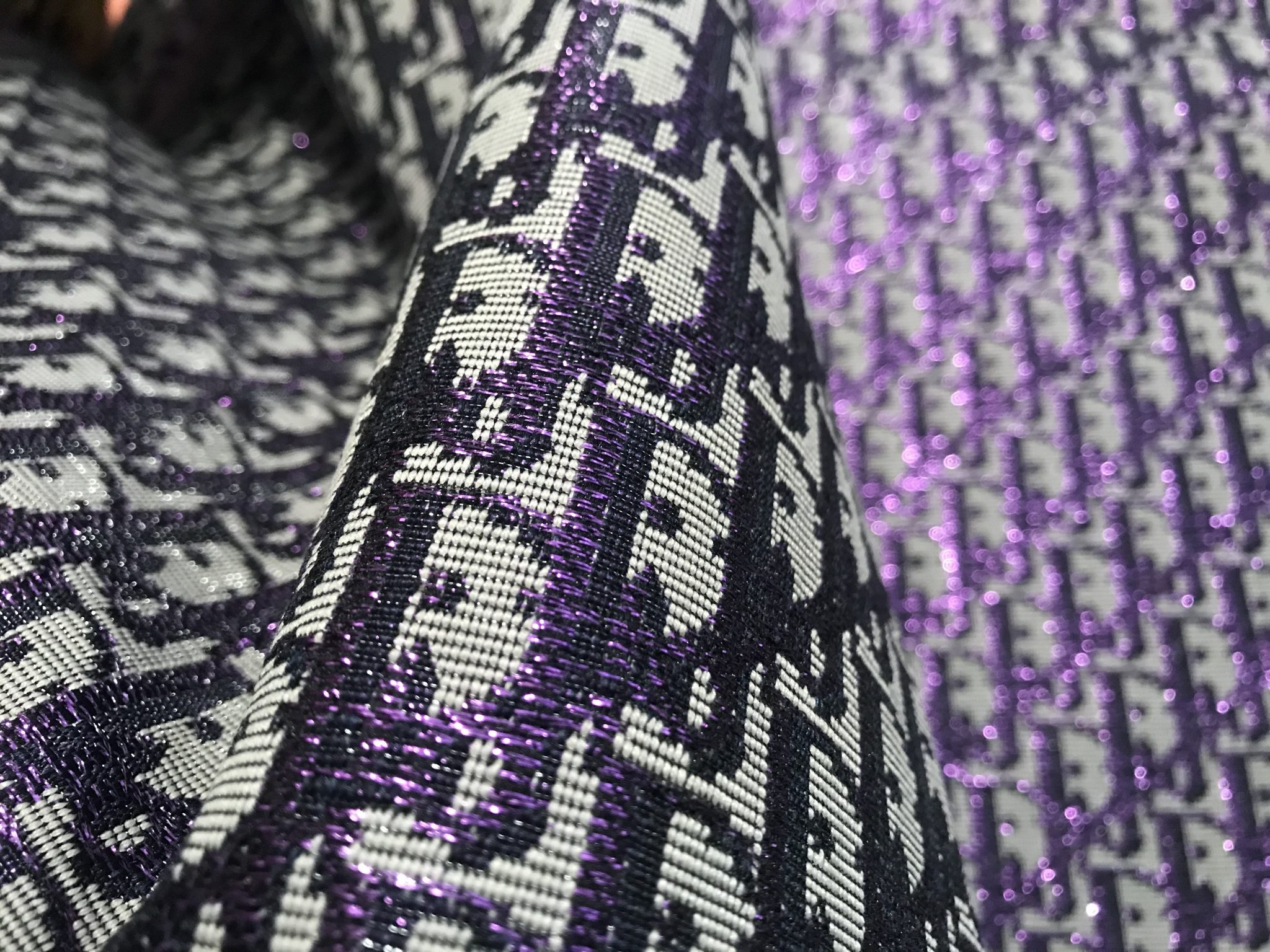 Dior Oblique Very Stiff Jacquard Silver Yarn Shiny Purple Logo Fabric ...