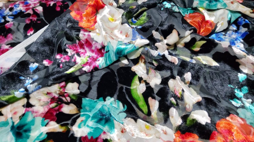 Devore Fabric, Burnt Out Silk Velvet On Black Background Floral Pattern ...